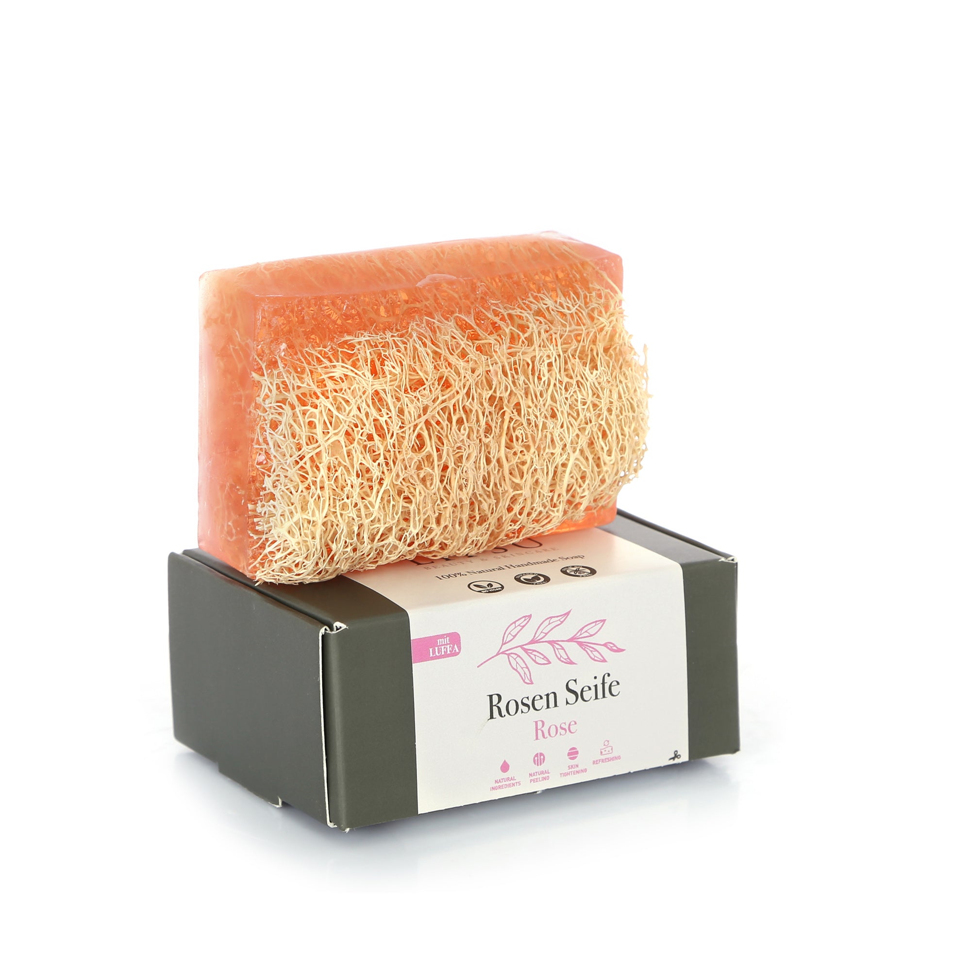 LIFSU|Rosen Seife mit Luffa 130g|Seife mit Rosenöl|Vegane Seife